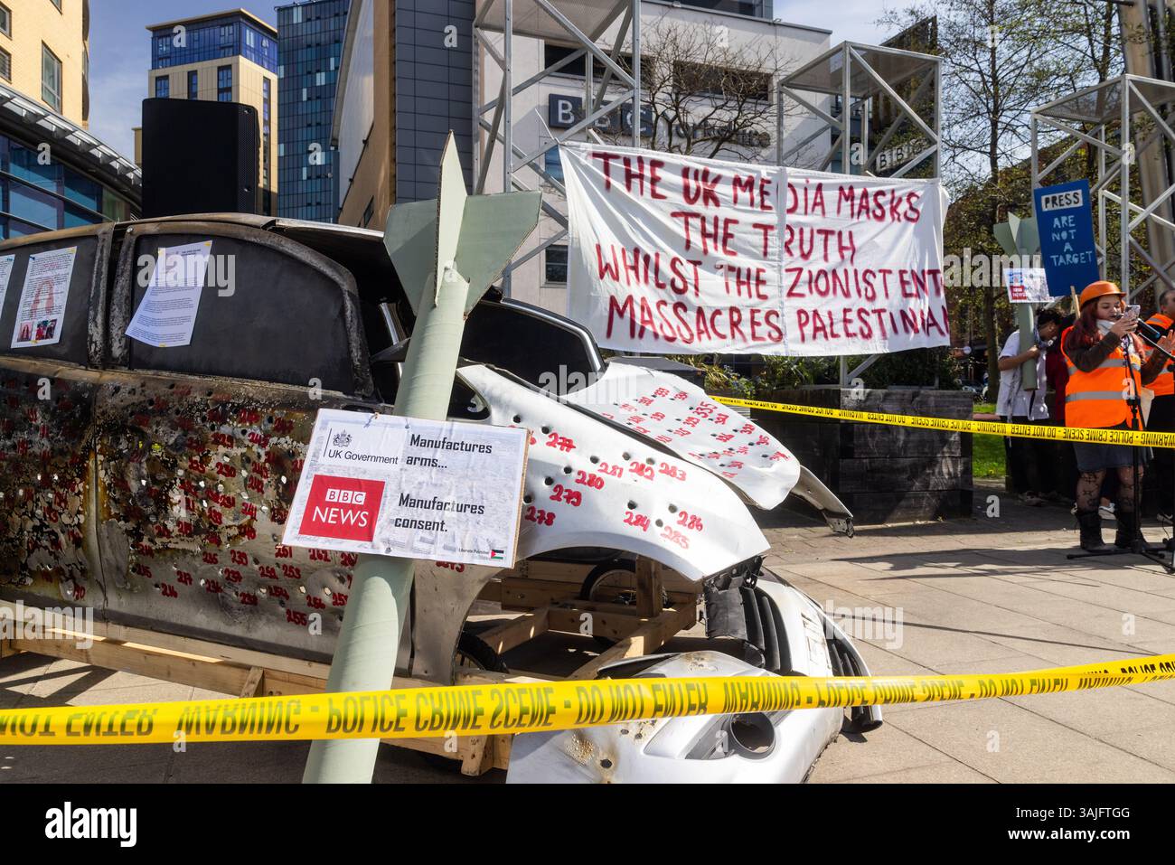 Leeds, UK. 11 APR, 2025. Car prop with 335 numbered bullet holes ...