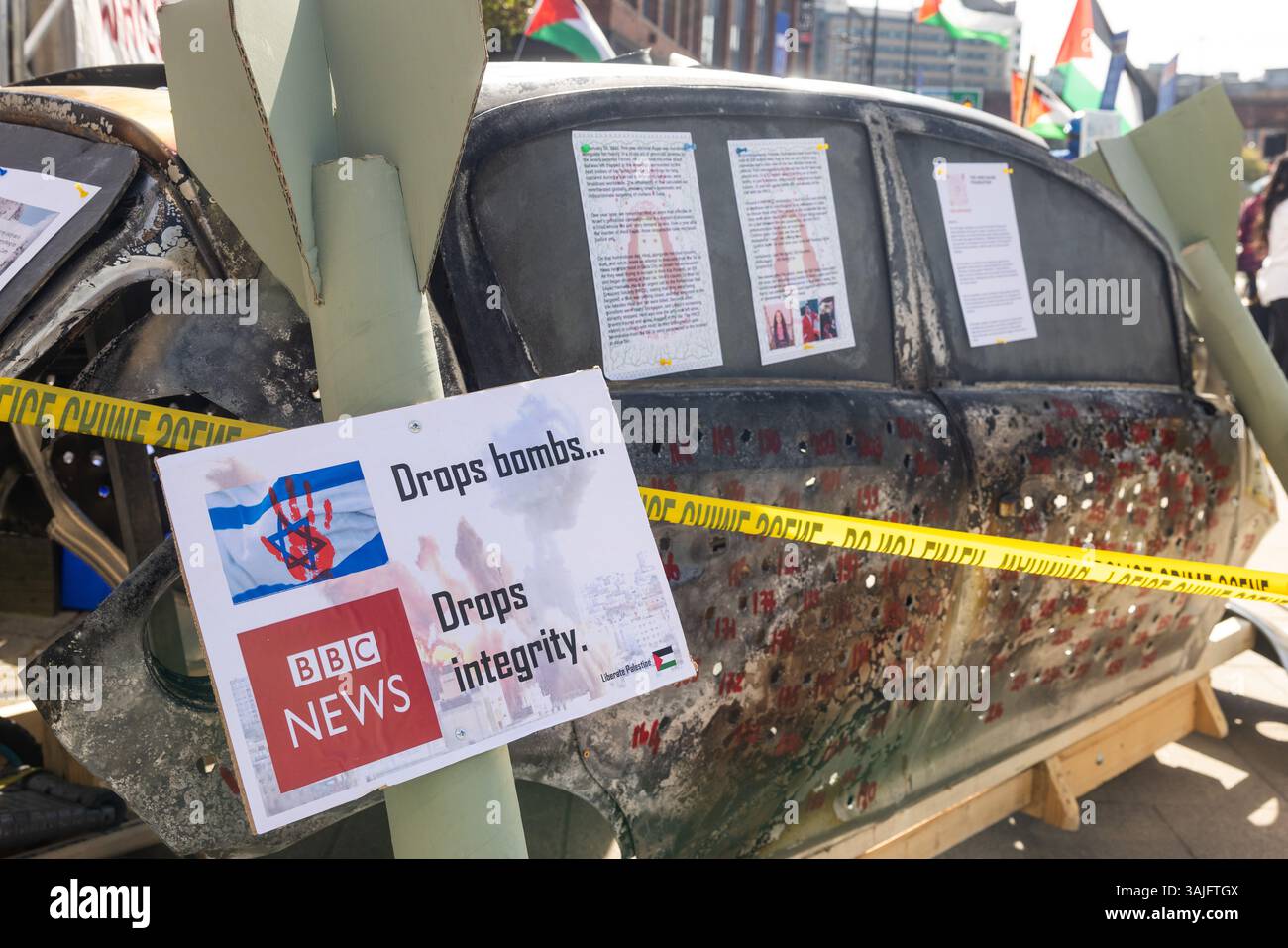 Leeds, UK. 11 APR, 2025. Car prop with 335 numbered bullet holes ...