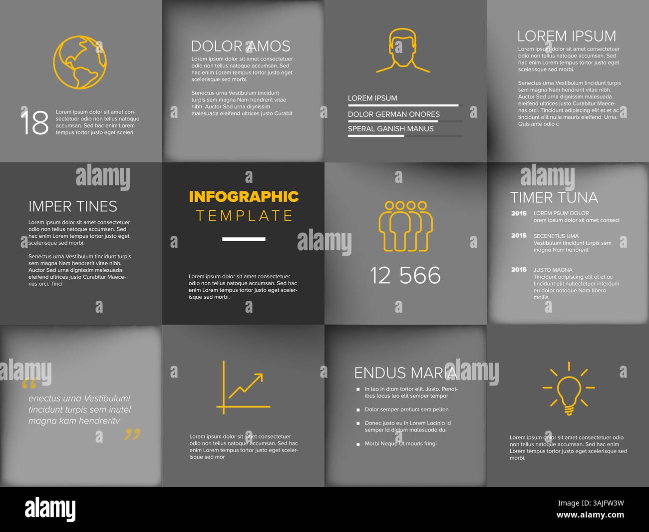 A modern infographic template featuring a grid layout with text boxes ...