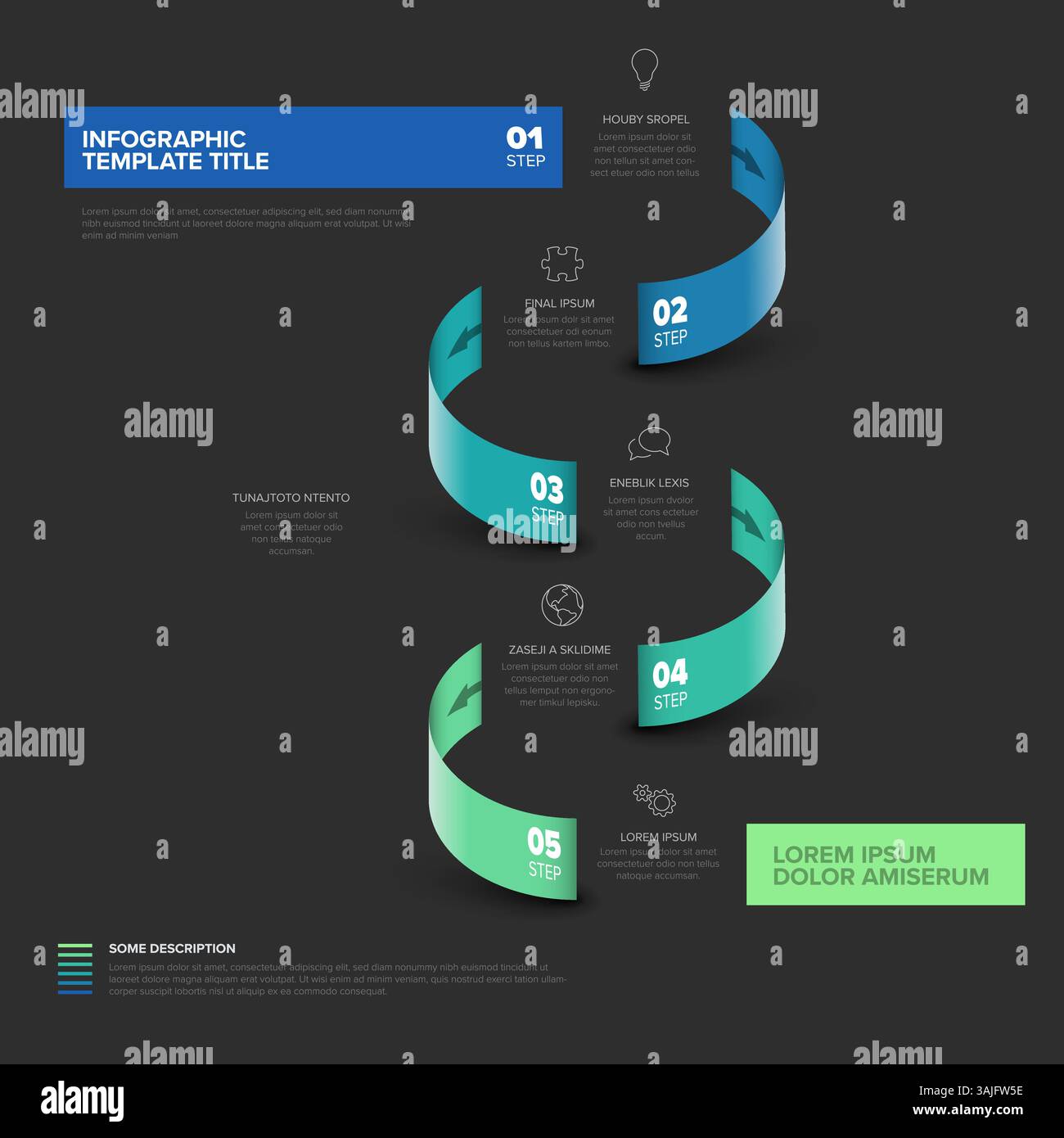 A vibrant ribbon infographic with five steps and icons, featuring blue ...
