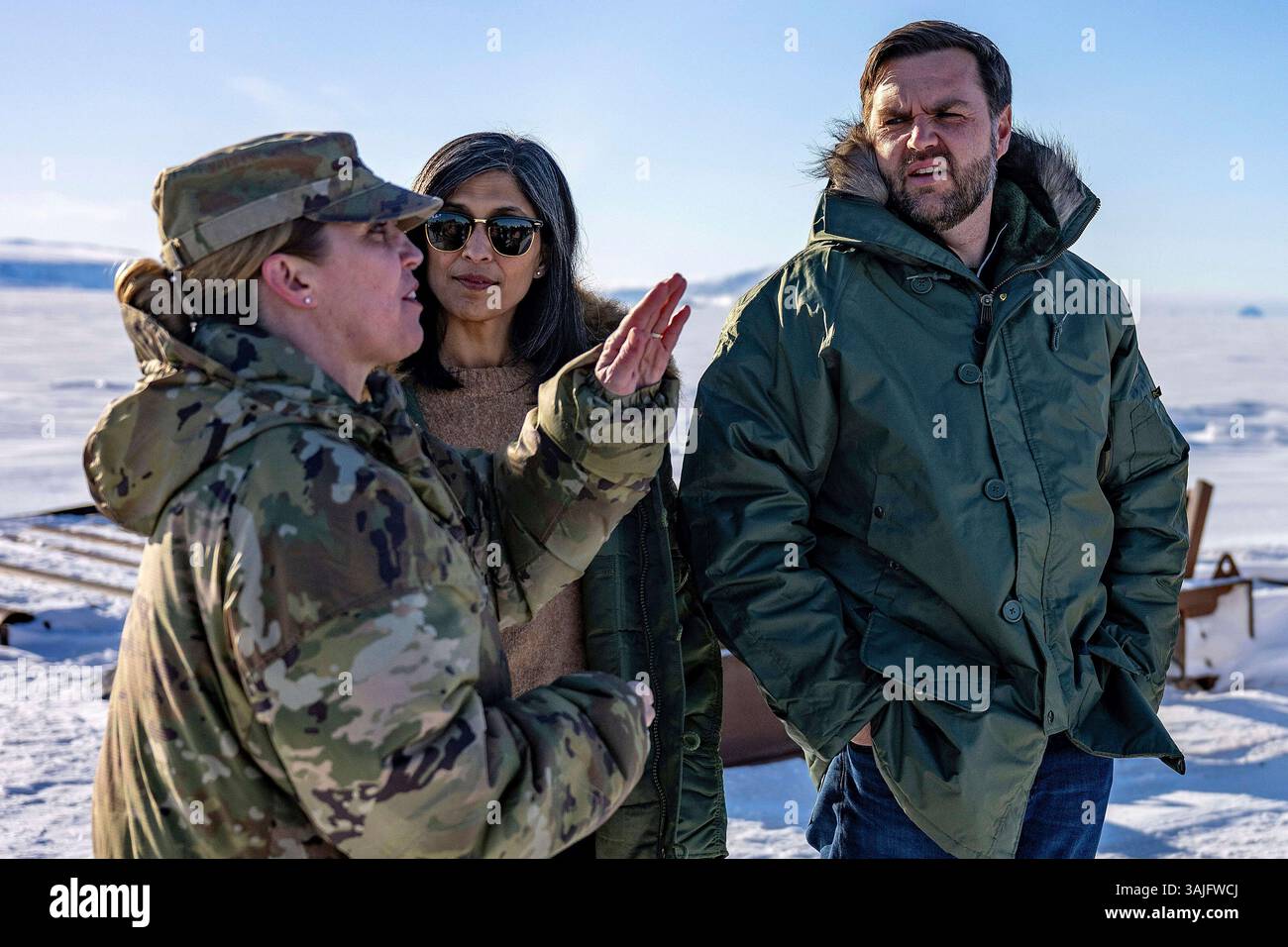 Vice President JD Vance and second lady Usha Vance listen to Col. Susan Meyers as they tour the ...