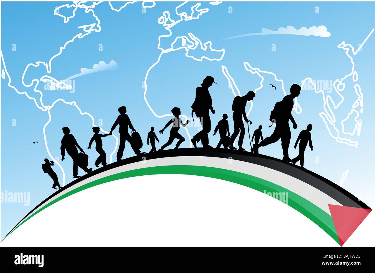 Palestinian immigrants with the background the map of the planet earth ...