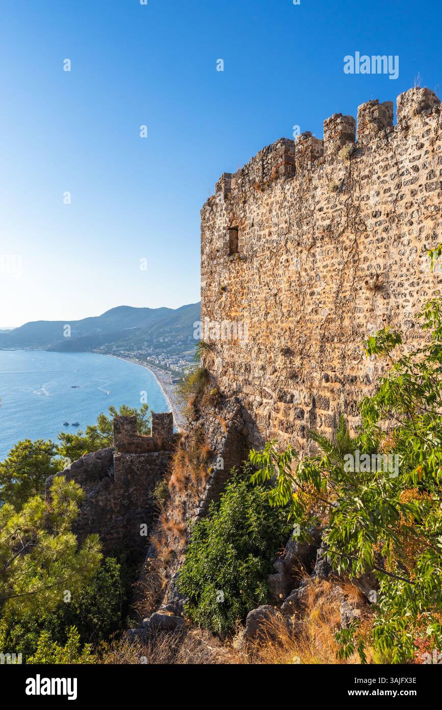 Vertical photo with the wall of ancient fortress of Alanya Kale, Turkey ...