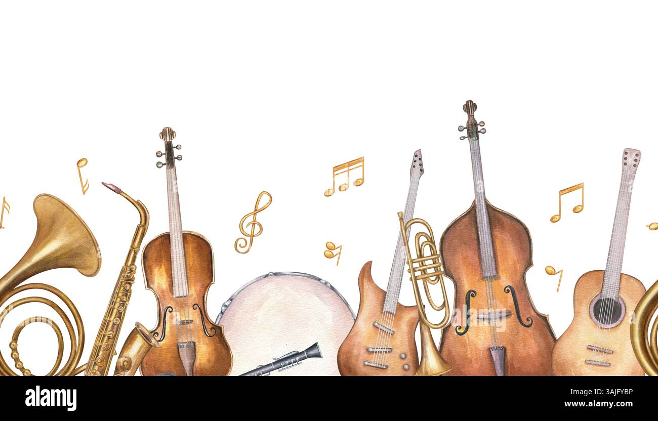Music instruments and musical notes horizontal seamless watercolor ...