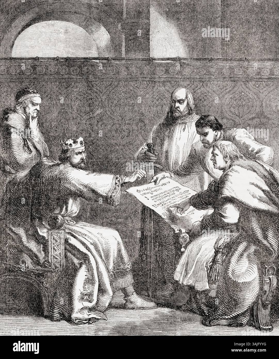 King John refusing to sign the Magna Carta when first presented to him ...