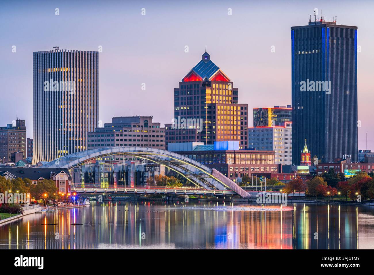 Rochester, New York, USA cityscape on the Genesee River at dawn Stock ...