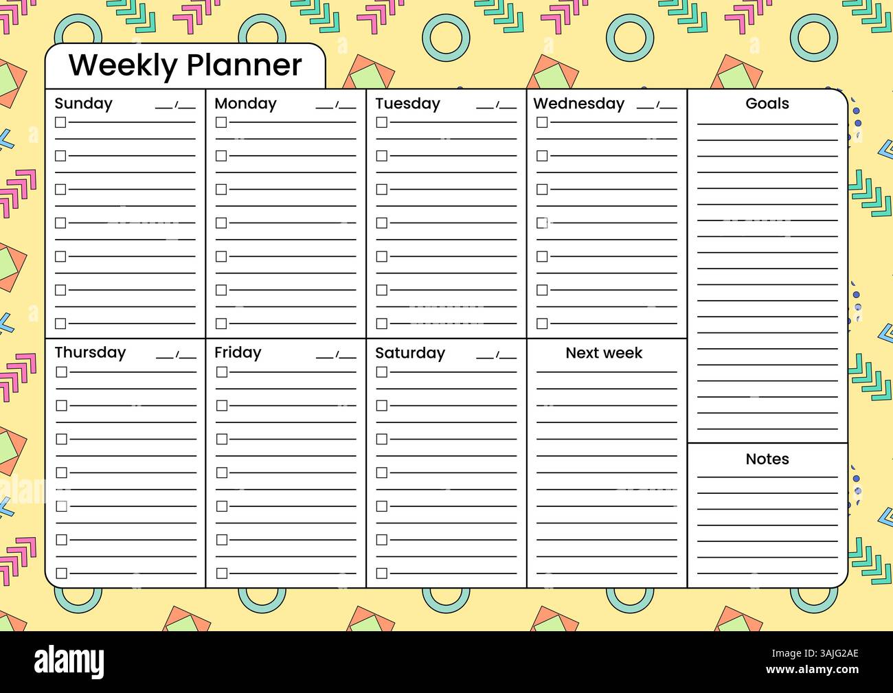 Bright horizontal weekly planner template with to-do lists, goals, and ...