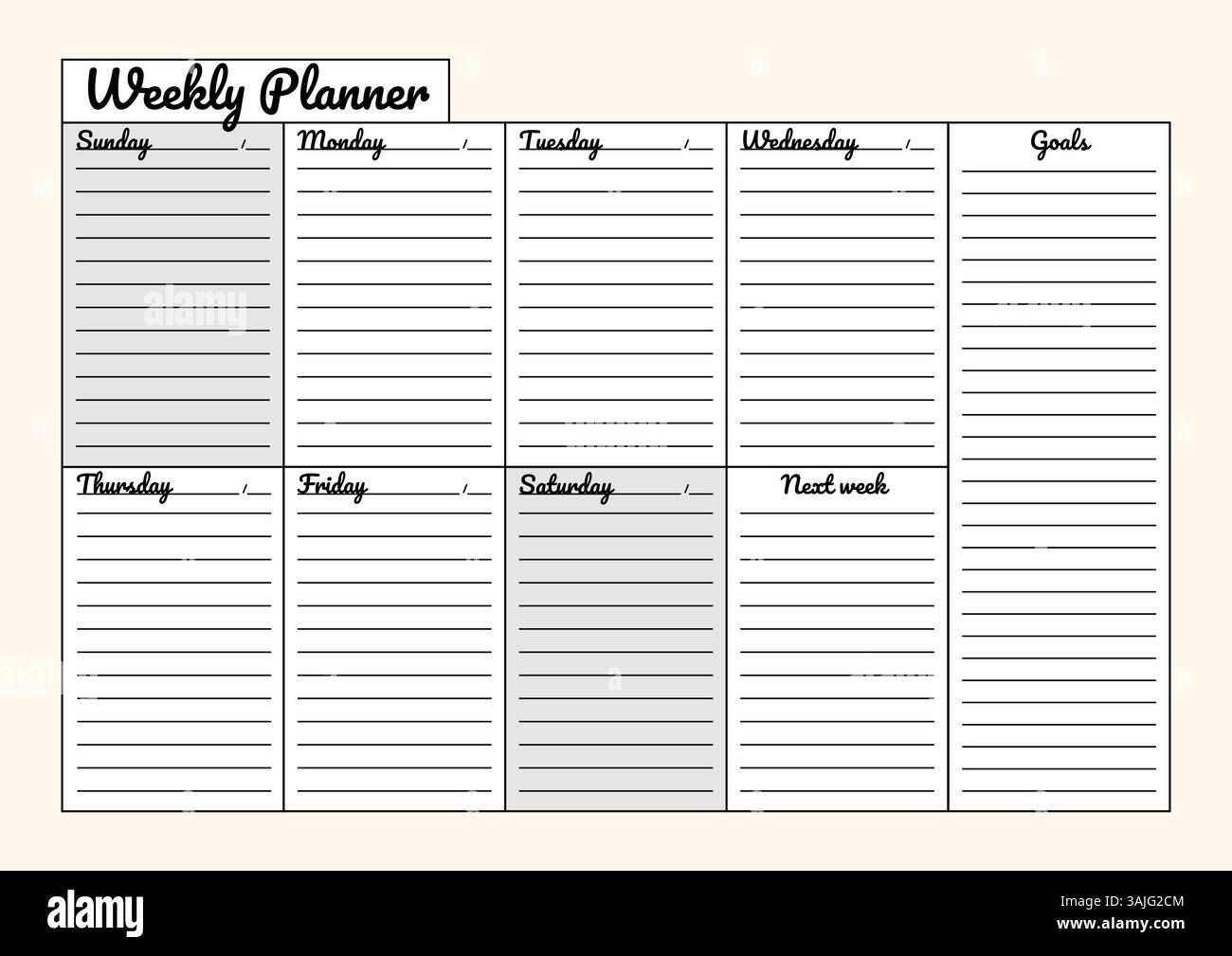 Simple black and white horizontal weekly planner with daily sections ...