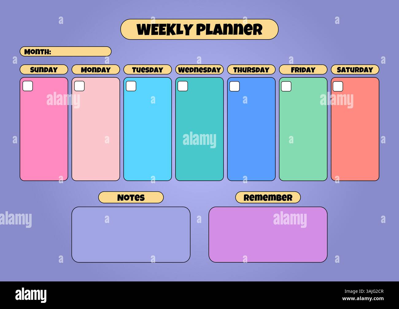 Vibrant horizontal cartoon style weekly planner template with colorful ...