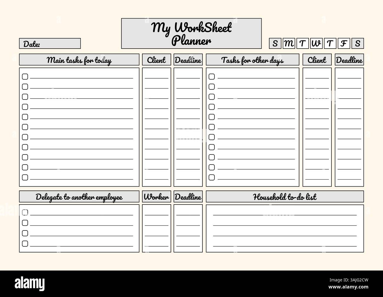 Structured horizontal worksheet planner with task list, deadline, and ...