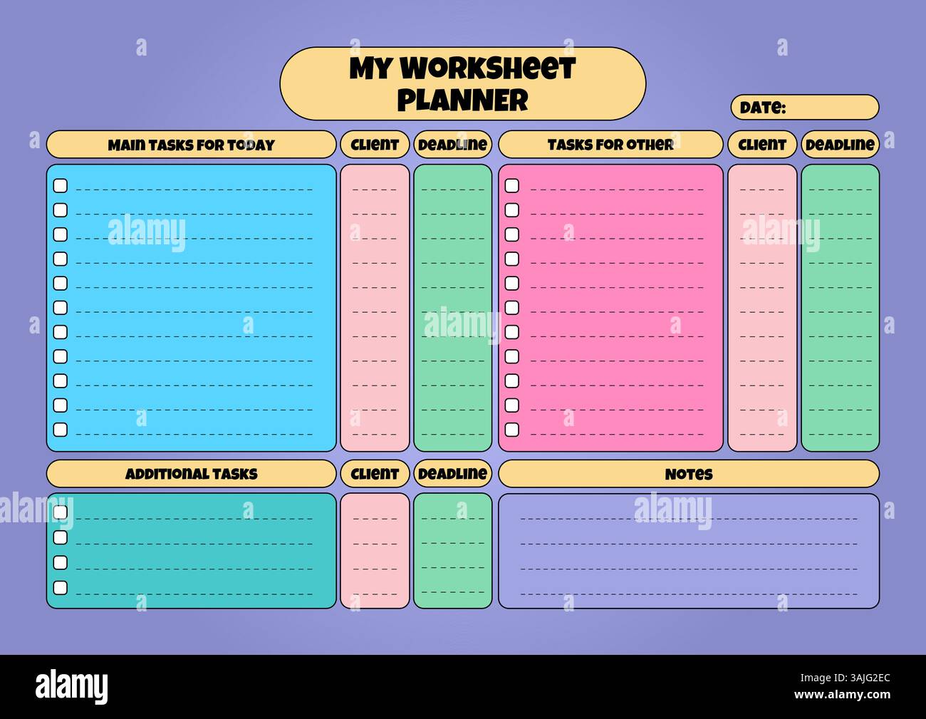Colorful horizontal work sheet planner with task list, client details ...