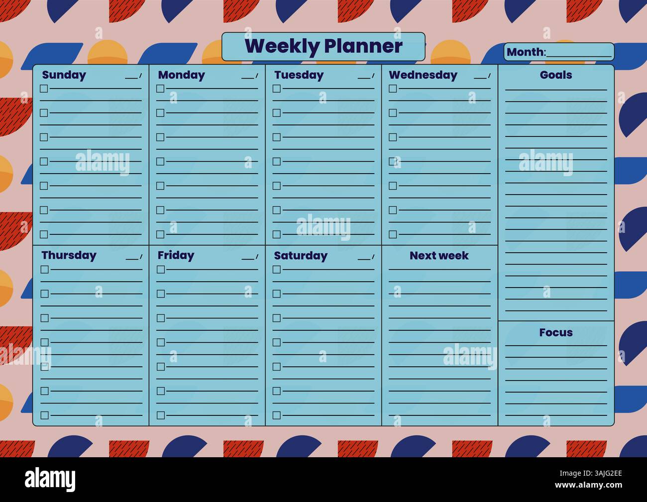 Structured horizontal weekly planner with checklist format, goal ...