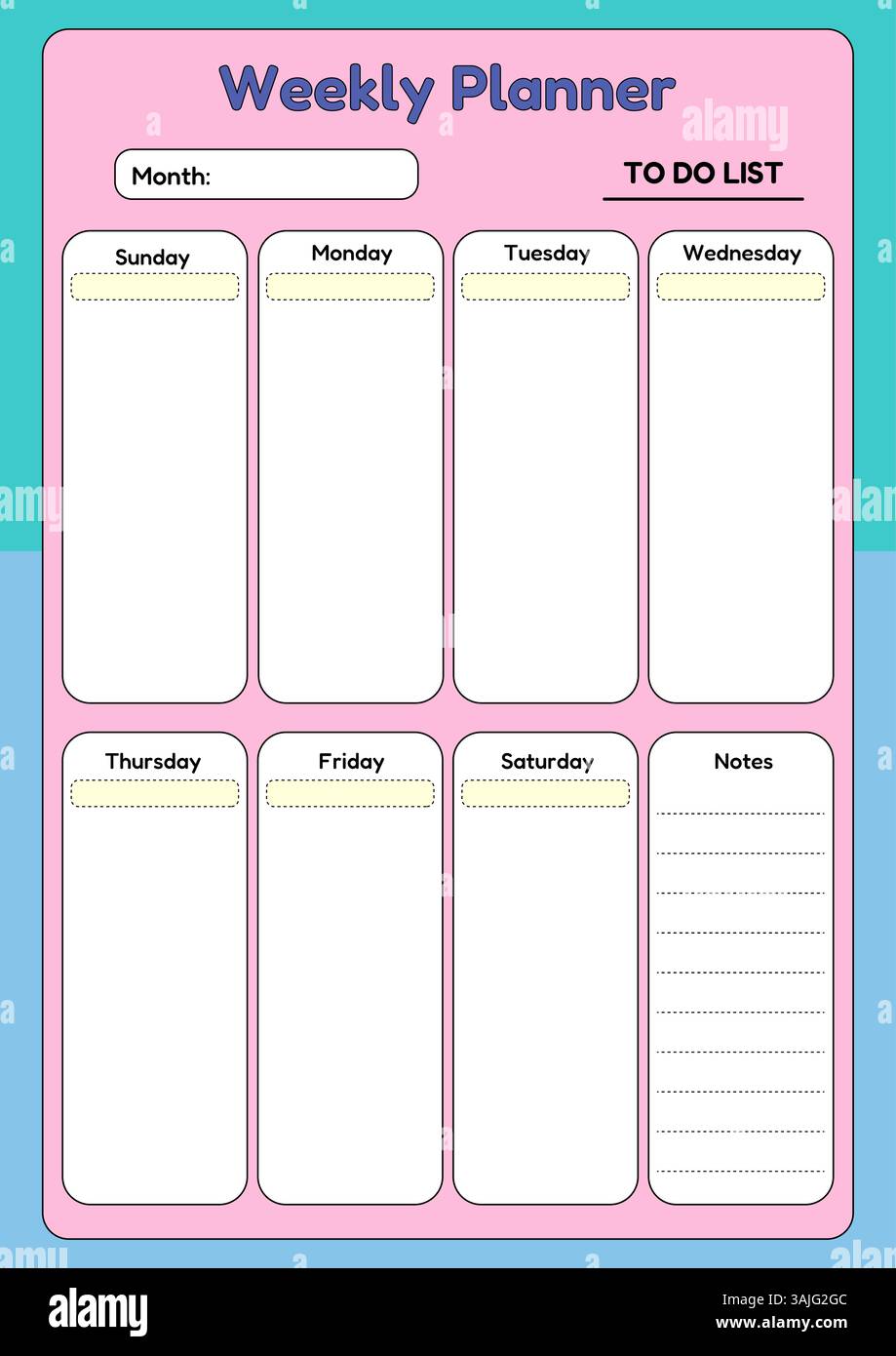 A vibrant vertical weekly planner template with sections for each day ...