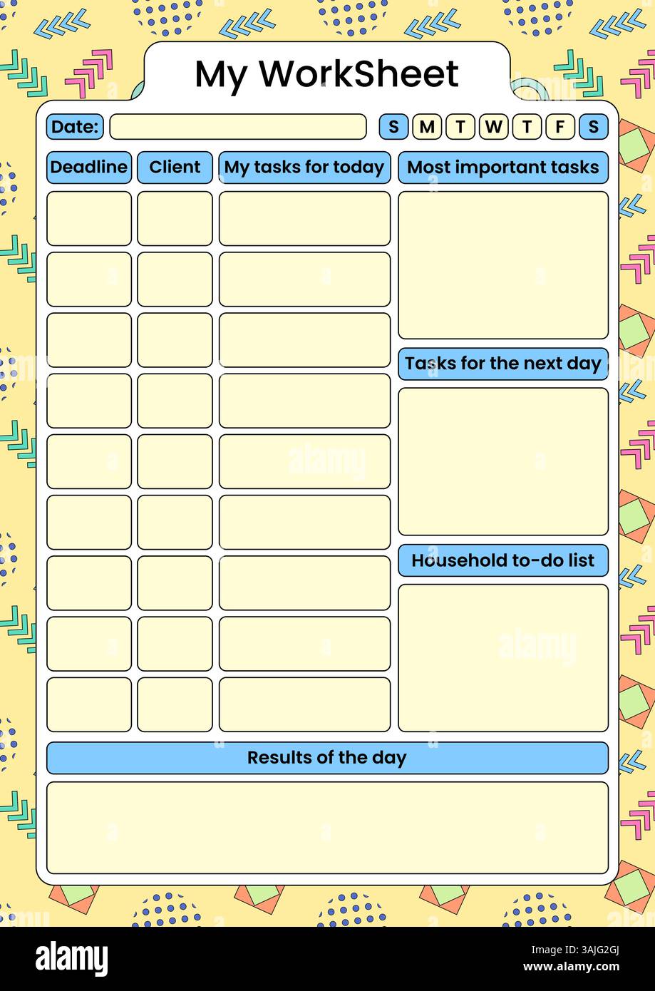 A bright and structured vertical daily worksheet template with sections ...