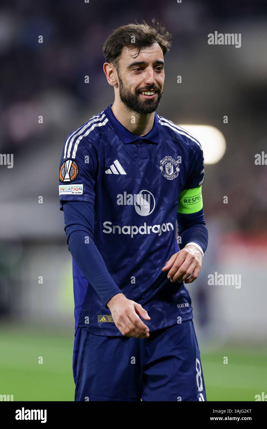 Lyon, France. 10th Apr, 2025. Manchester United midfielder Bruno ...