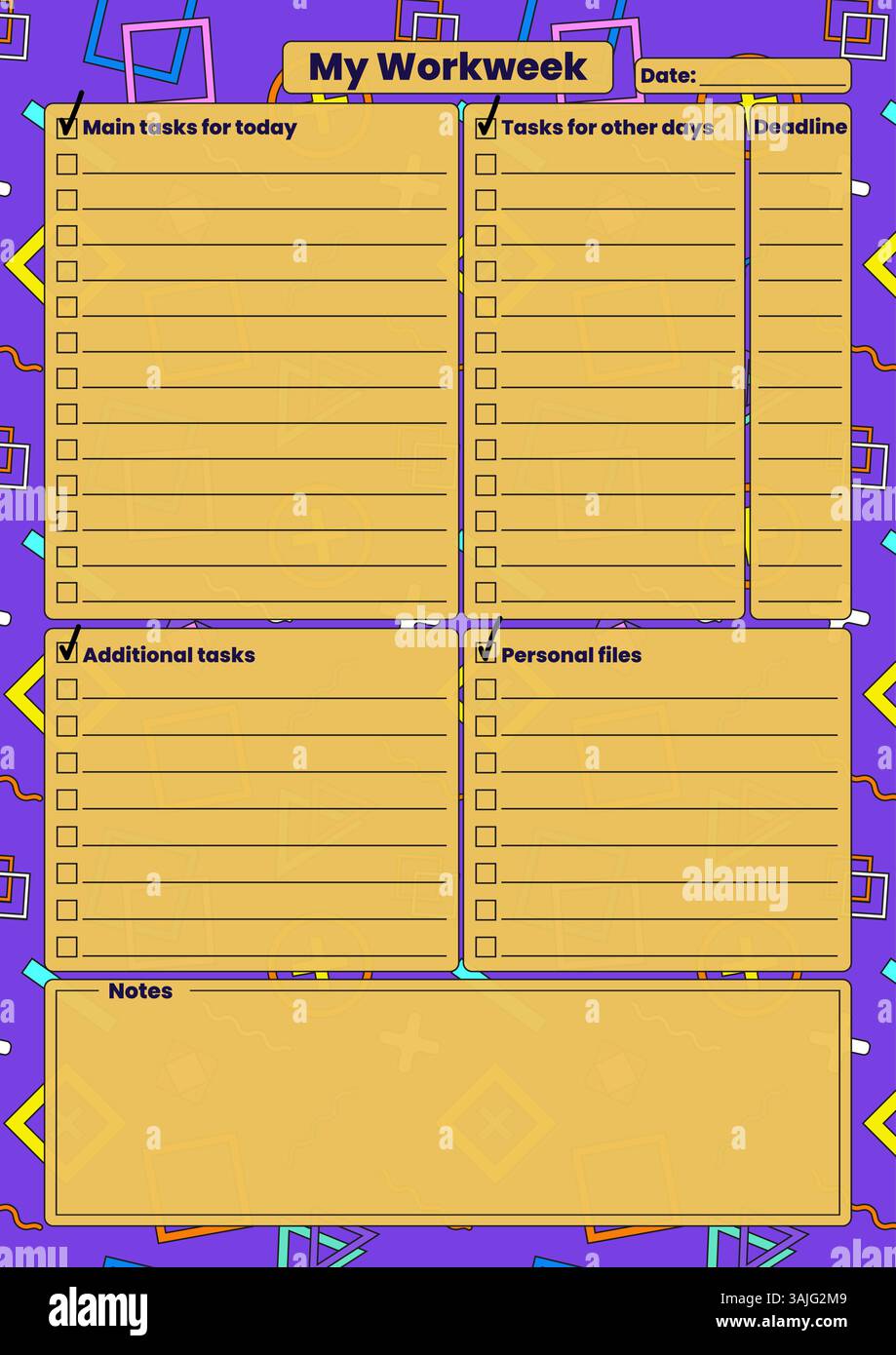 A vibrant vertical weekly planner featuring task checklist, deadline ...