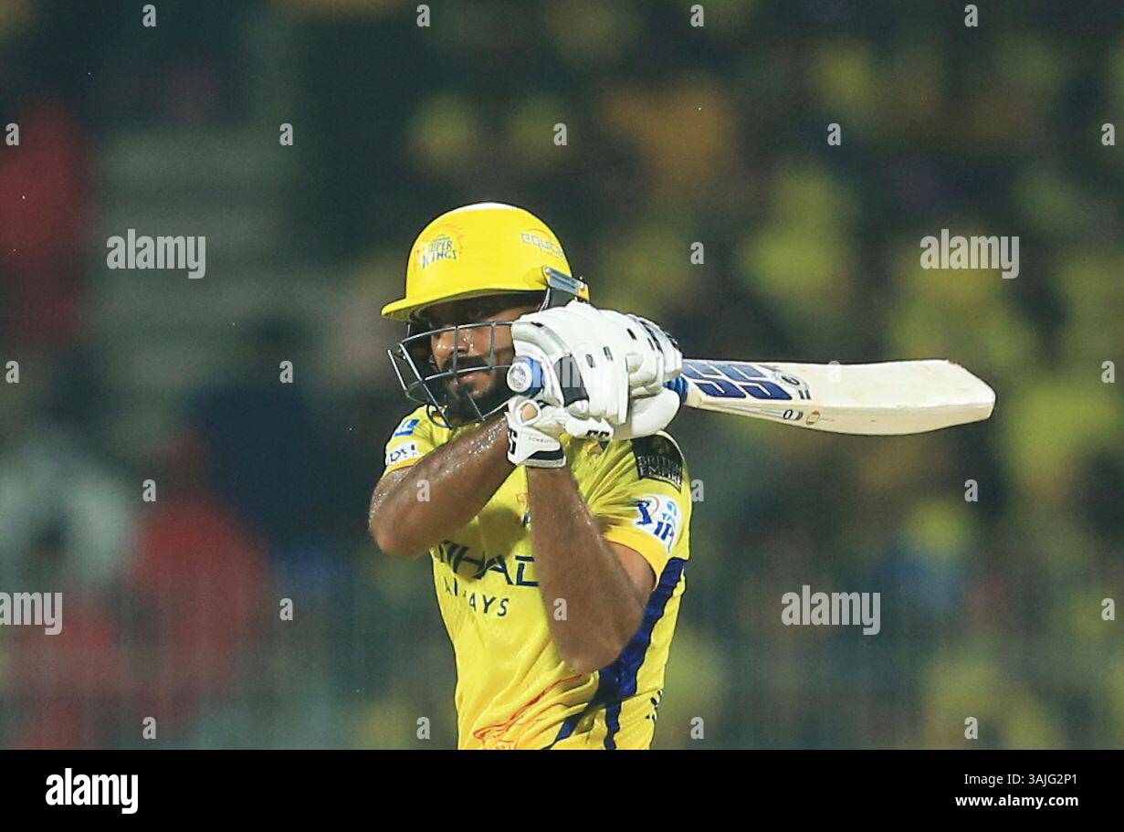 Chennai Super Kings' Vijay Shankar plays a shot during the Indian ...