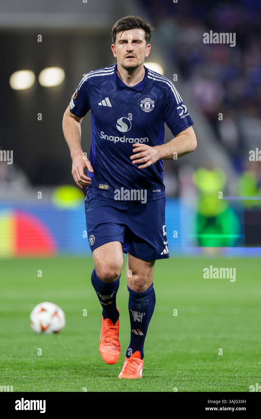 Lyon, France. 10th Apr, 2025. Manchester United defender Harry Maguire ...