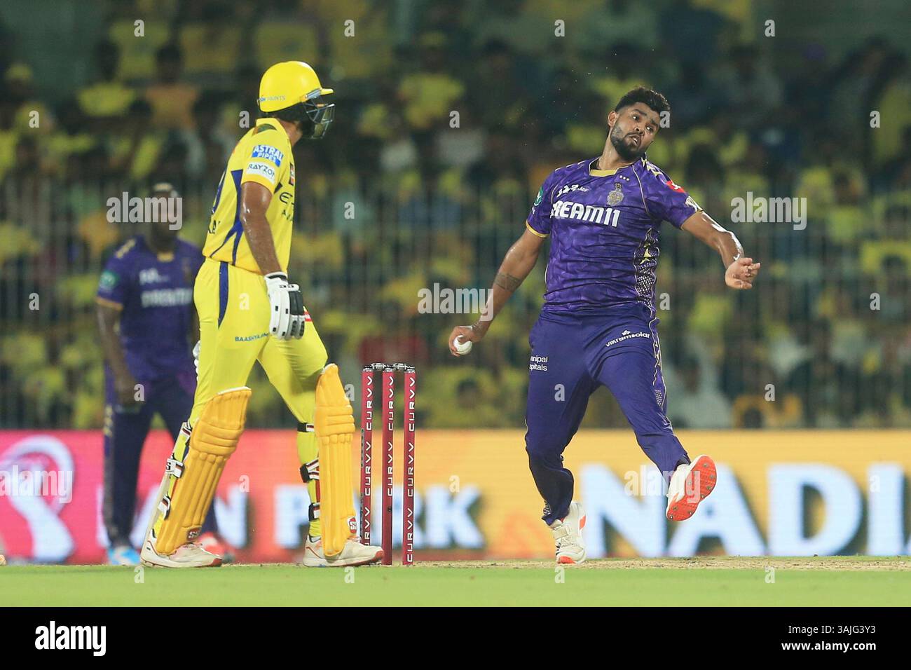 Kolkata Knight Riders' Harshit Rana, right, bowls a delivery during the ...