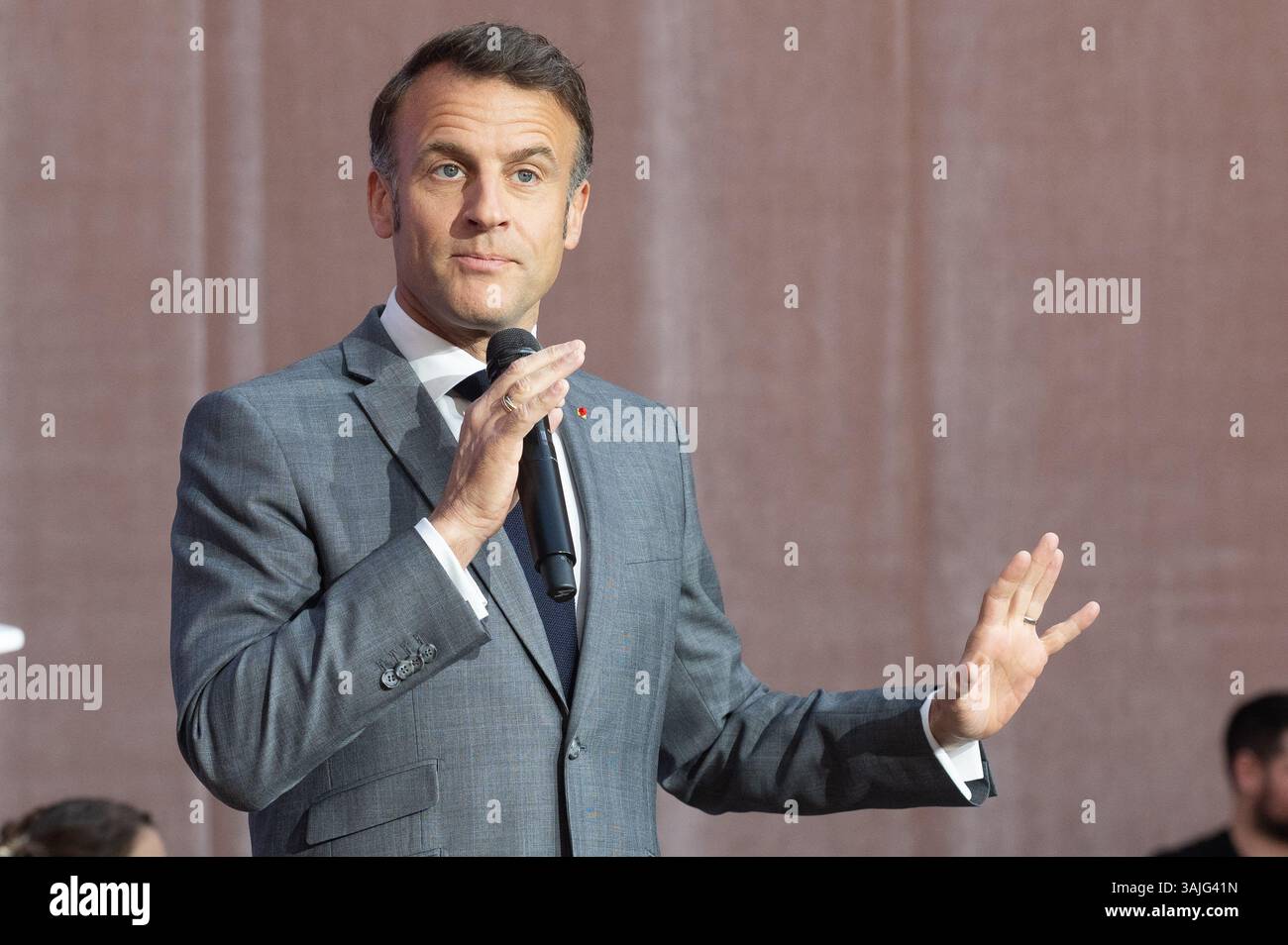 French President Emmanuel Macron at the France TV stand during his ...