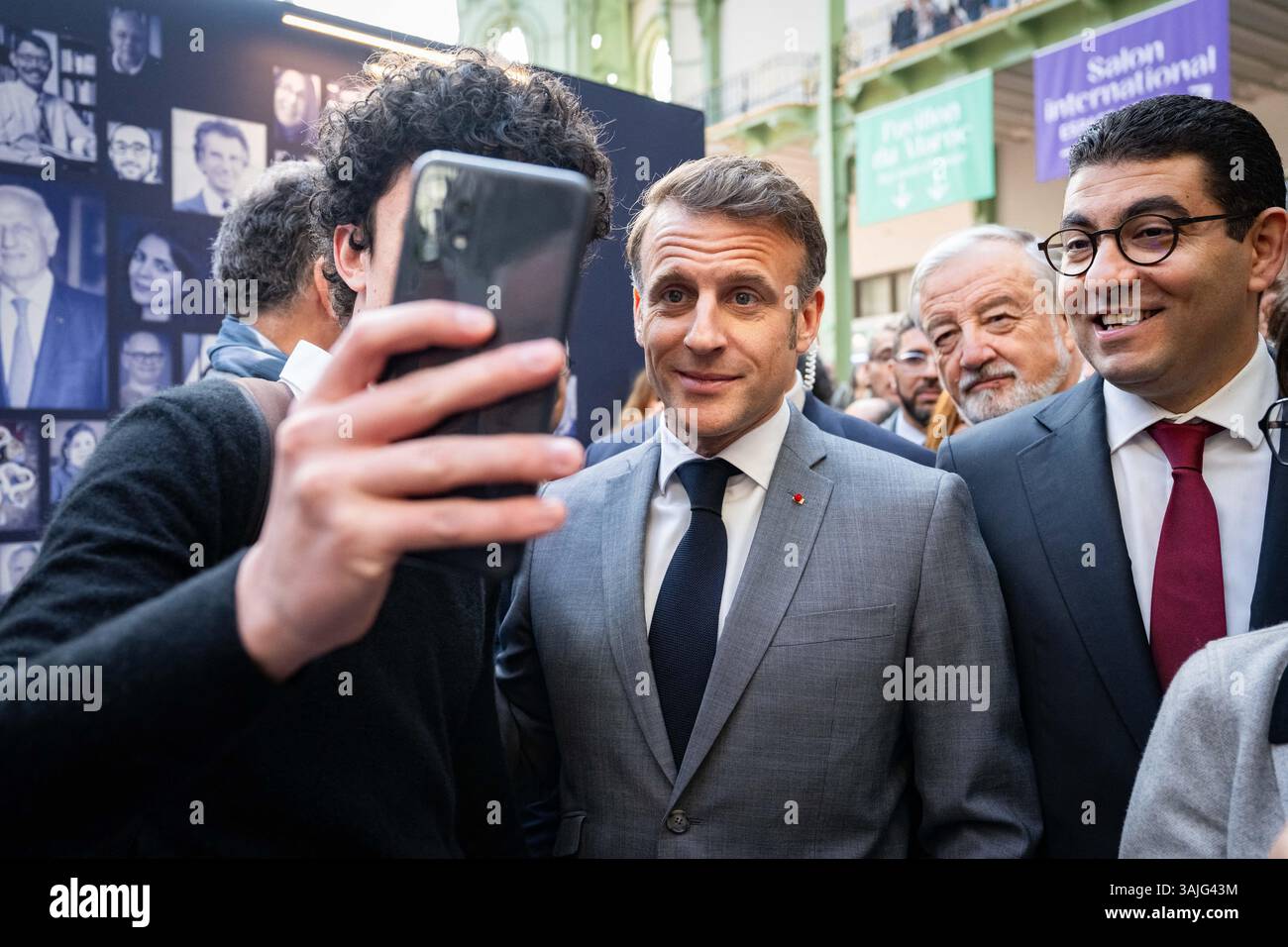 Emmanuel Macron, President of the French Republic, on the stand of ...