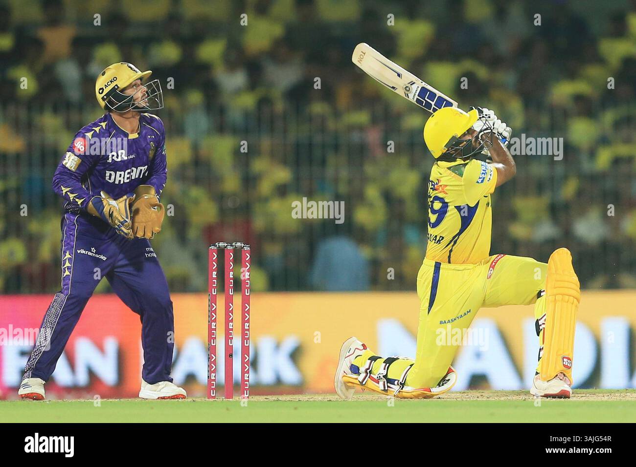 Chennai Super Kings' Vijay Shankar, right, plays a shot during the Indian Premier League cricket ...