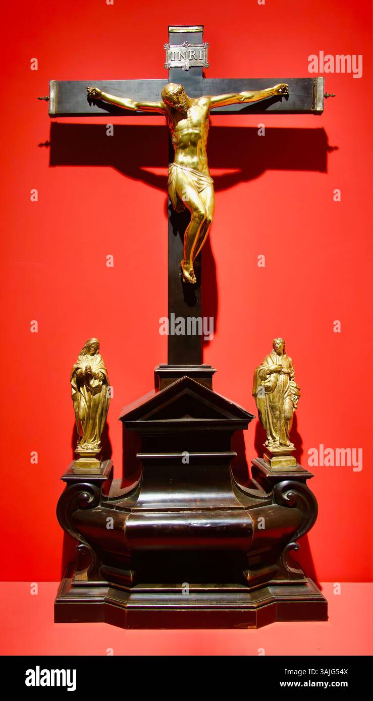 16th-17th century anonymous gold plated bronze sculptures on a wooden cross of the crucifixion ...