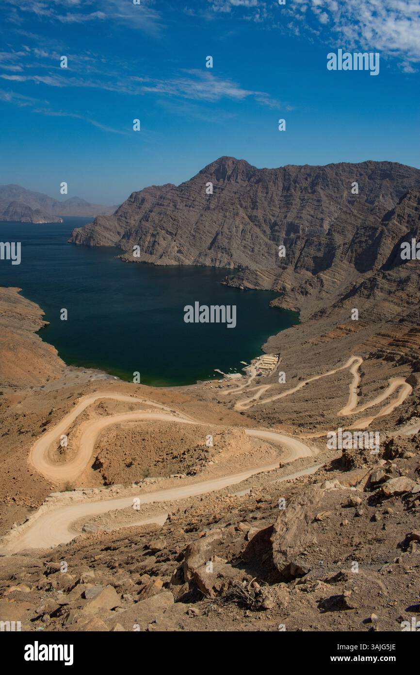 Oman: aerial view of the winding road to Khor Najd, stunning fjord in ...
