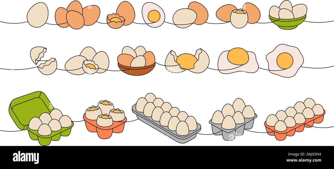Fresh eggs set one line colored continuous drawing. Boiled eggs, broken eggshell, omelette ...