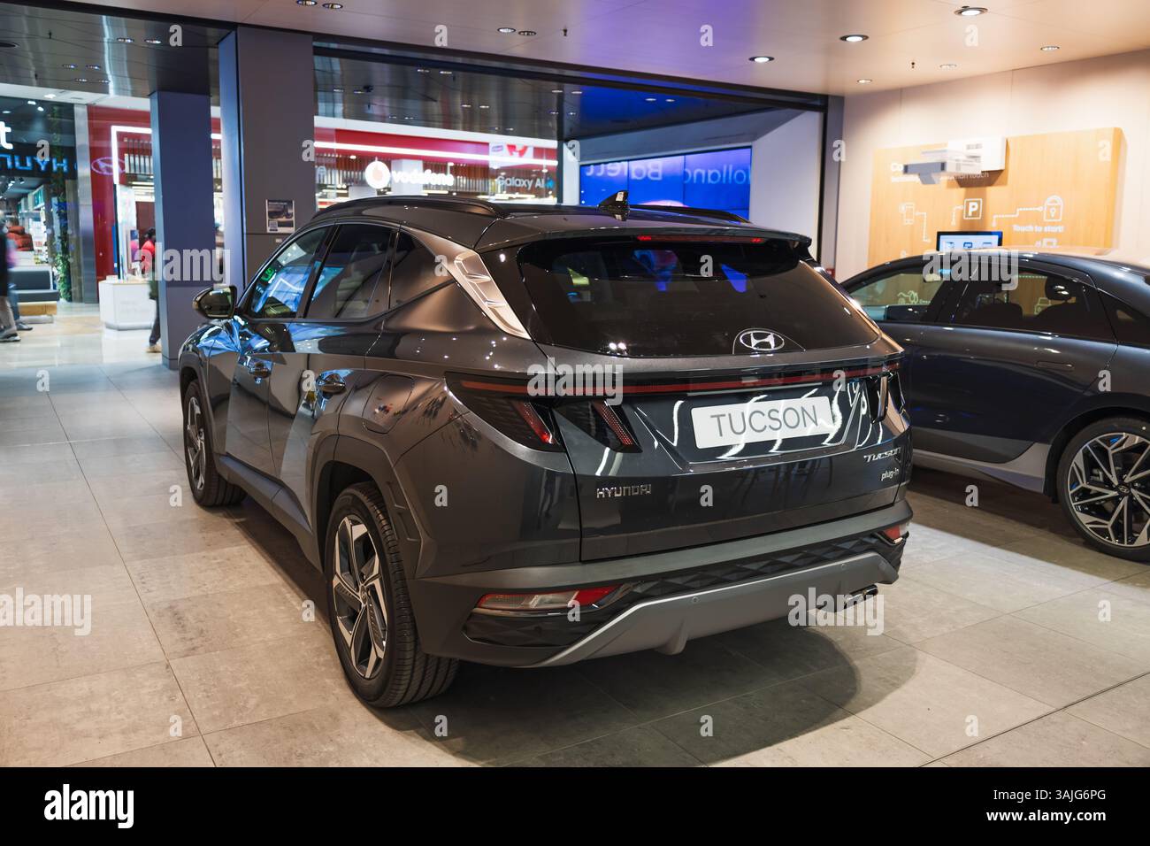 Rear View of Hyundai Tucson SUV on Display Inside a Car Showroom ...