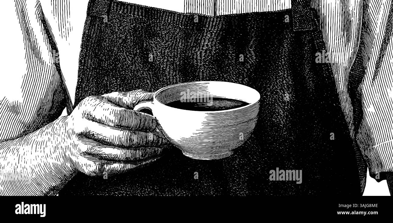 Detailed engraving of a barista holding a coffee cup for beverage art ...