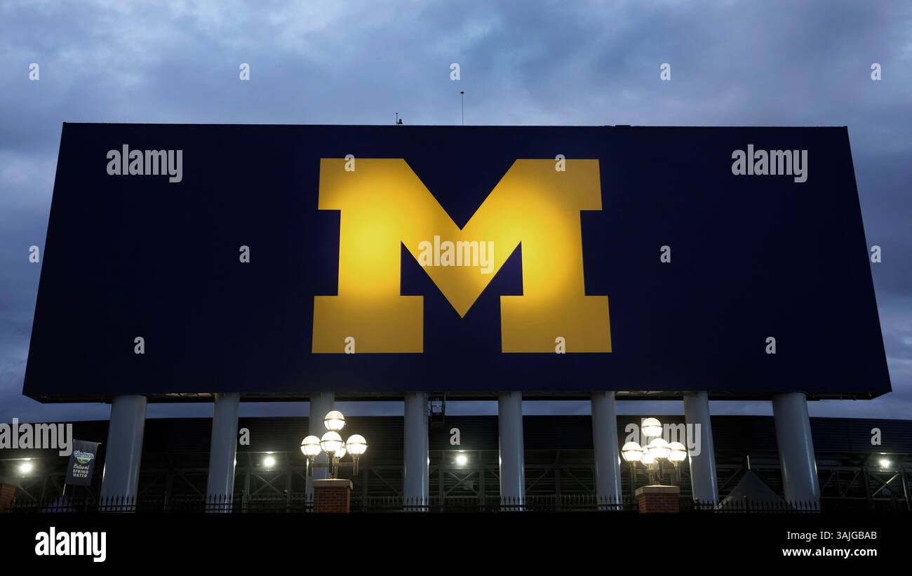 FILE - The block M logo for the University of Michigan is displayed at ...