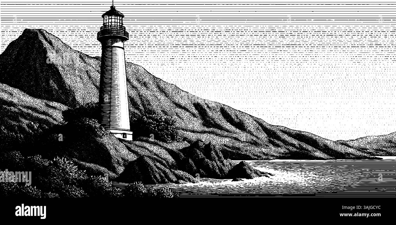 Engraved lighthouse illustration amid coastal landscape Stock Vector ...