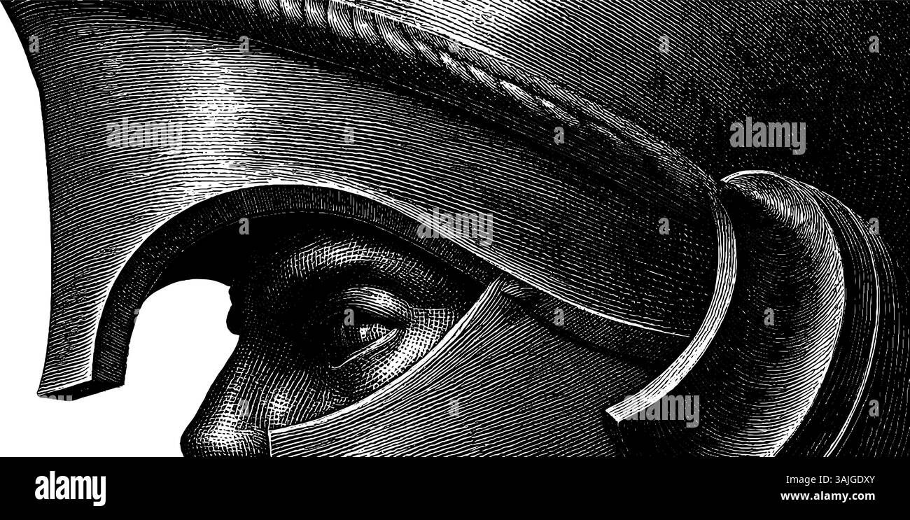 Engraved illustration of knight's helmet in black and white for ...