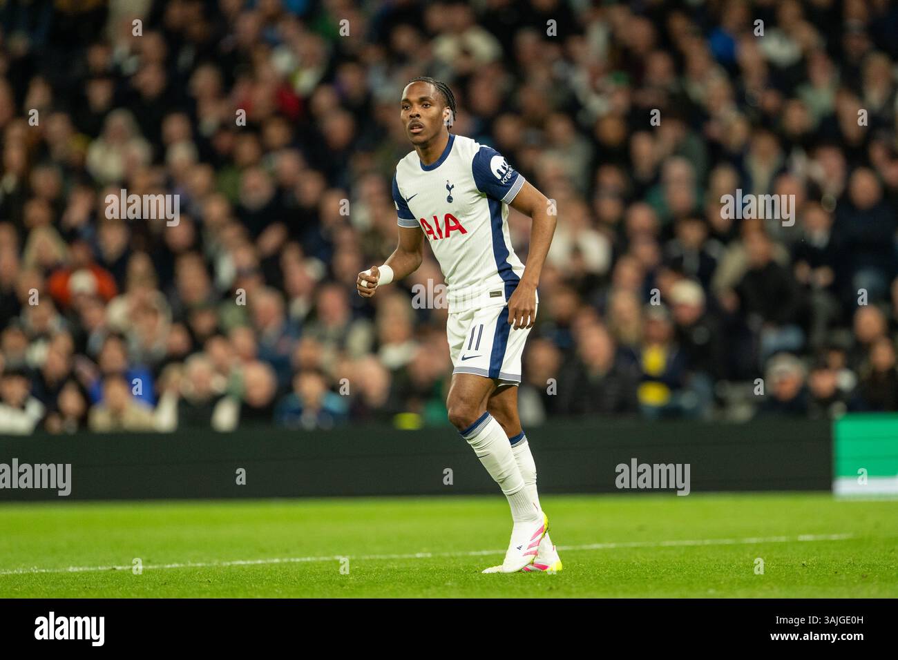 London, UK. 10th Apr, 2025. Mathys Tel (11) of Tottenham Hotspur seen ...