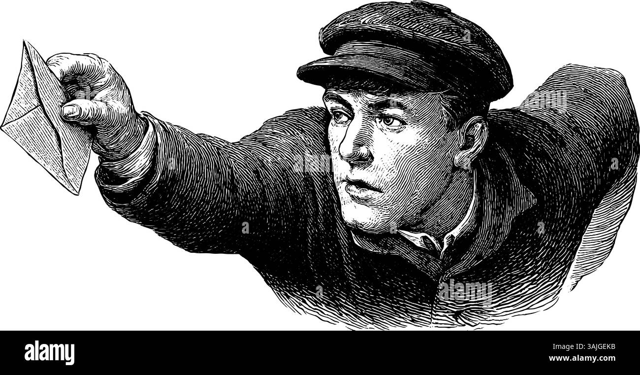 Vintage postman engraving depicting mail delivery concept for retro ...