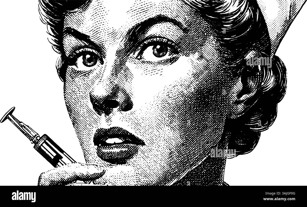 Vintage medical concept: nurse with syringe illustration for healthcare ...