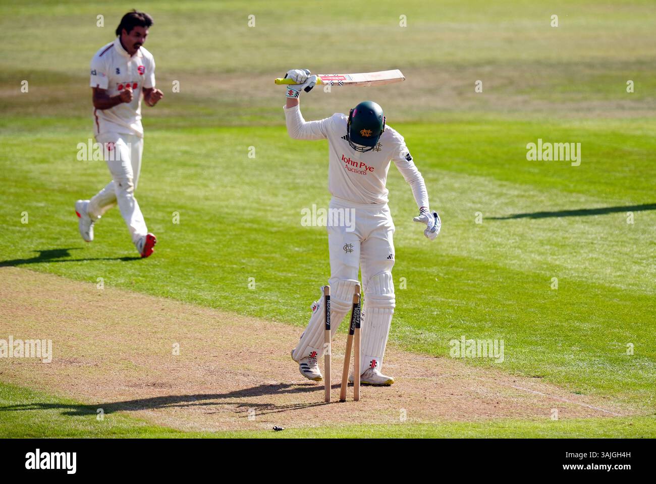 Nottinghamshire's Lyndon James reacts to being bowled by Essex's Shane ...
