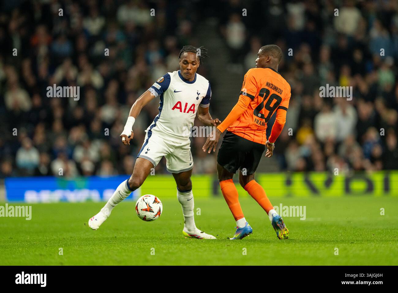 London, UK. 10th Apr, 2025. Mathys Tel (11) of Tottenham Hotspur and ...