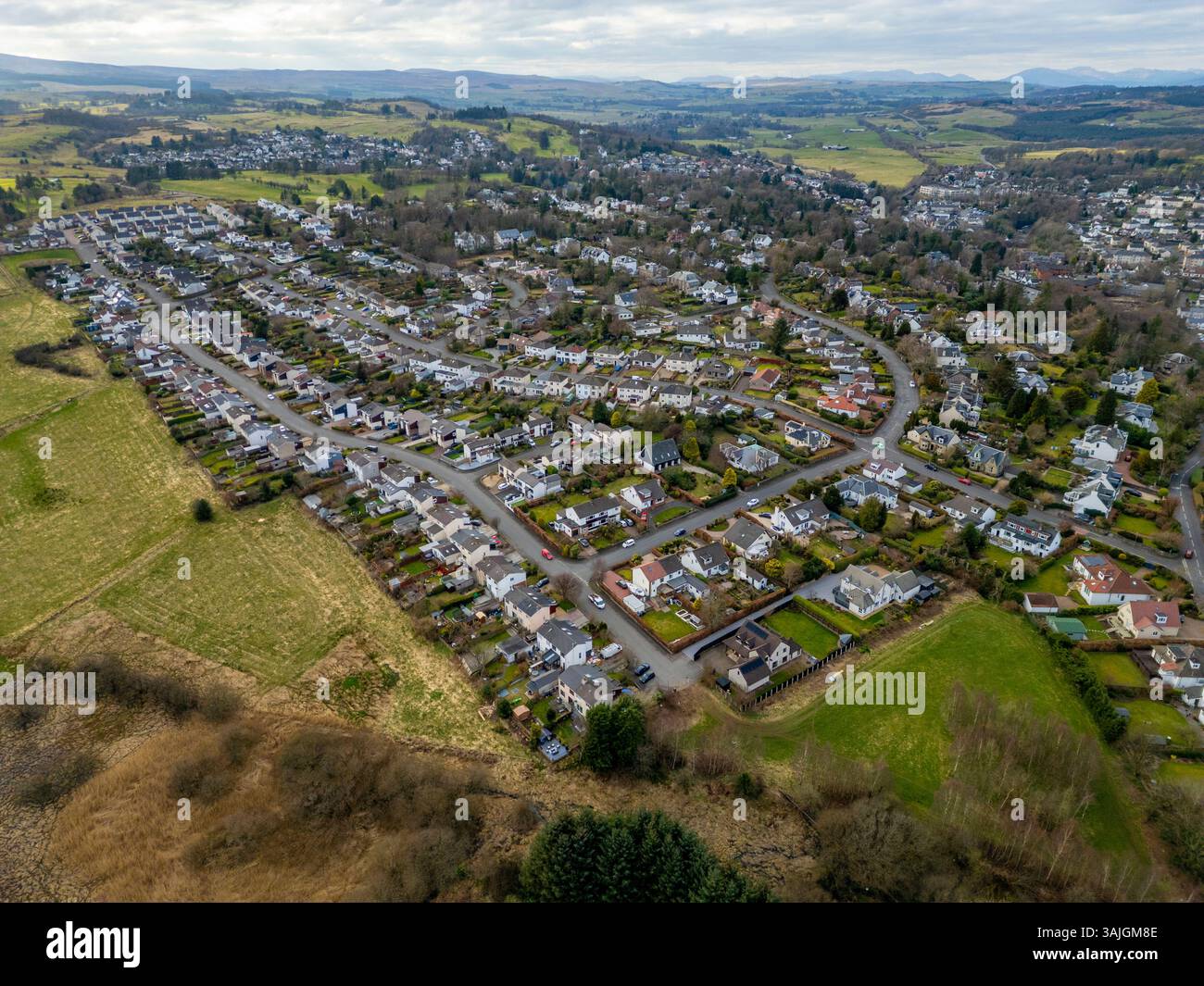Aerial view of houses in Bridge of Weir town, Renfrewshire, Inverclyde ...