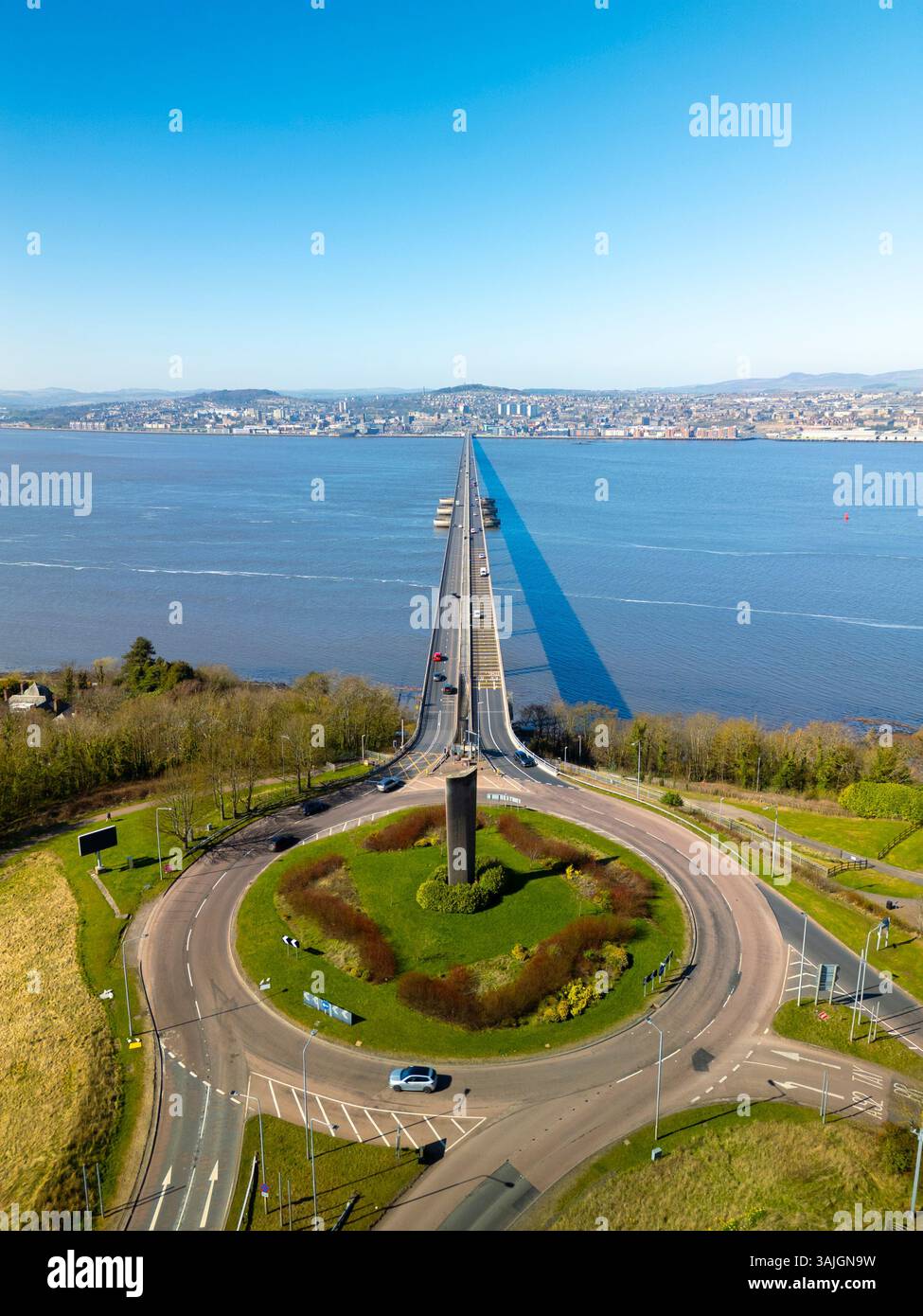 Aerial view from drone of the Tay Road bridge towards Dundee, Tayside ...