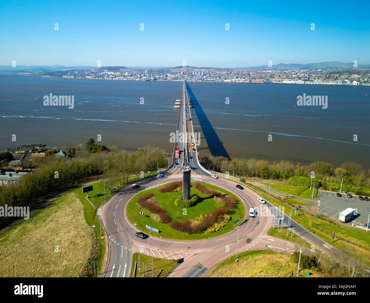 Aerial view from drone of the Tay Road bridge towards Dundee, Tayside ...