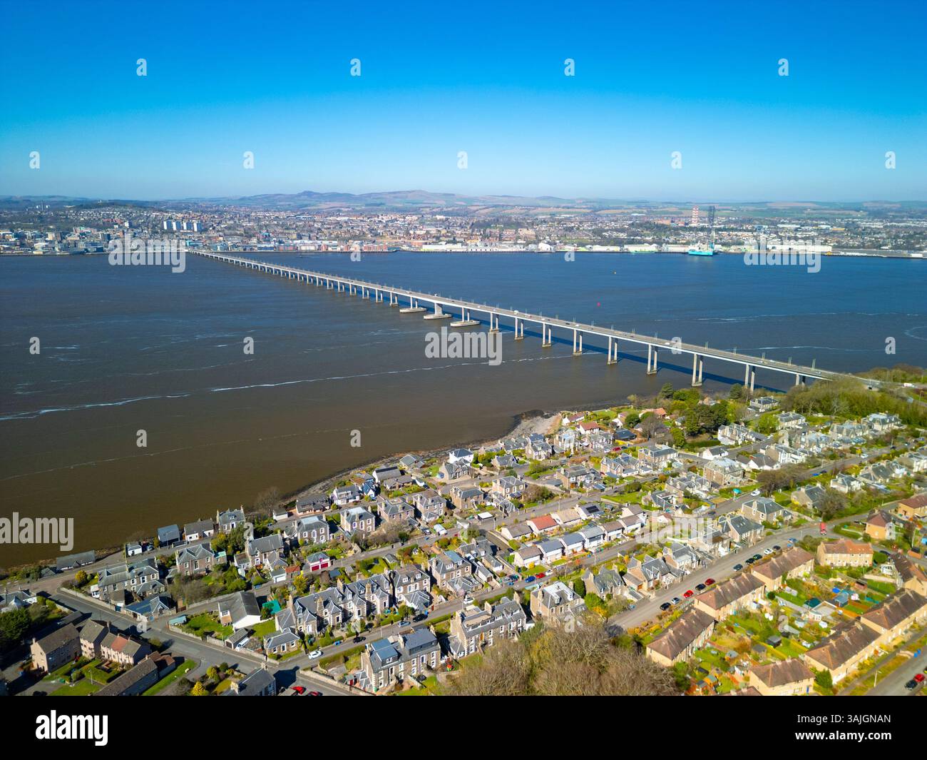 Aerial view from drone of the Tay Road bridge from Newport-on-Tay ...
