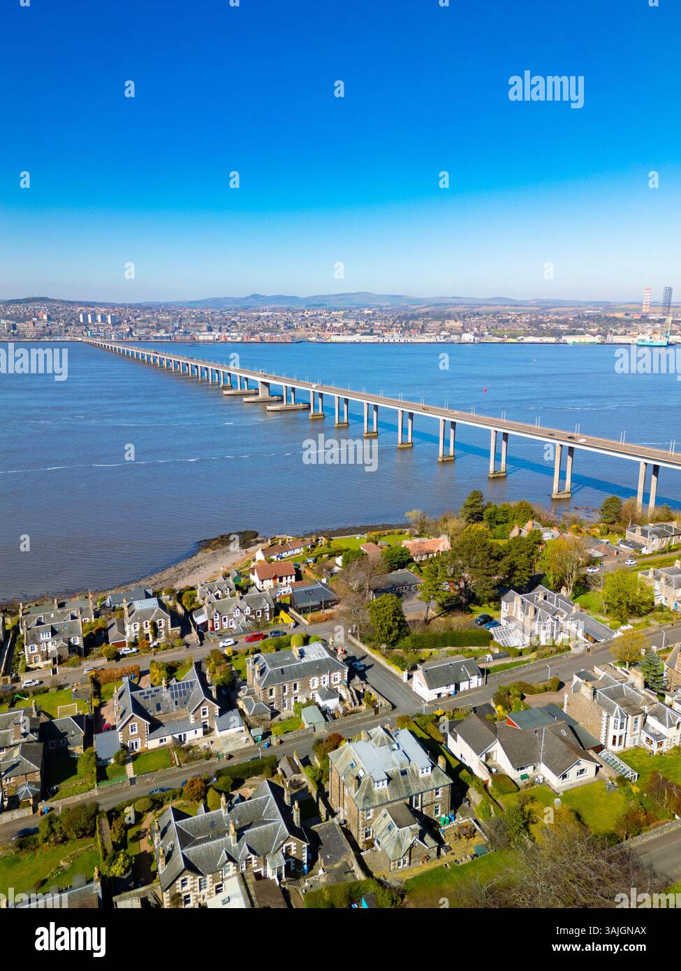 Aerial view from drone of the Tay Road bridge from Newport-on-Tay ...