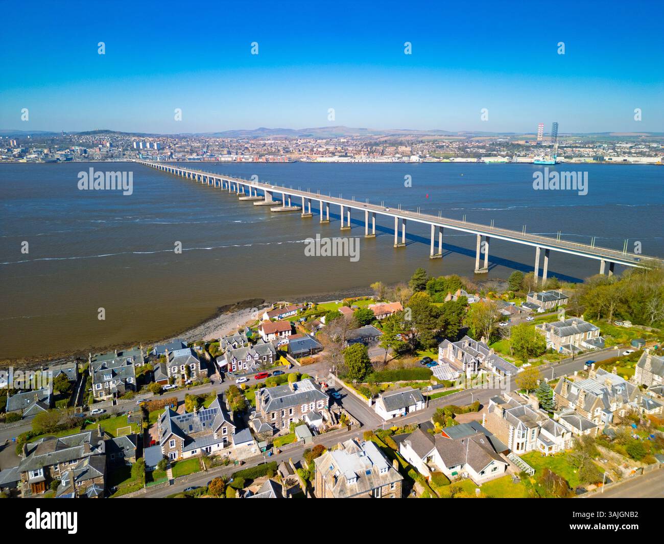 Aerial view from drone of the Tay Road bridge from Newport-on-Tay ...