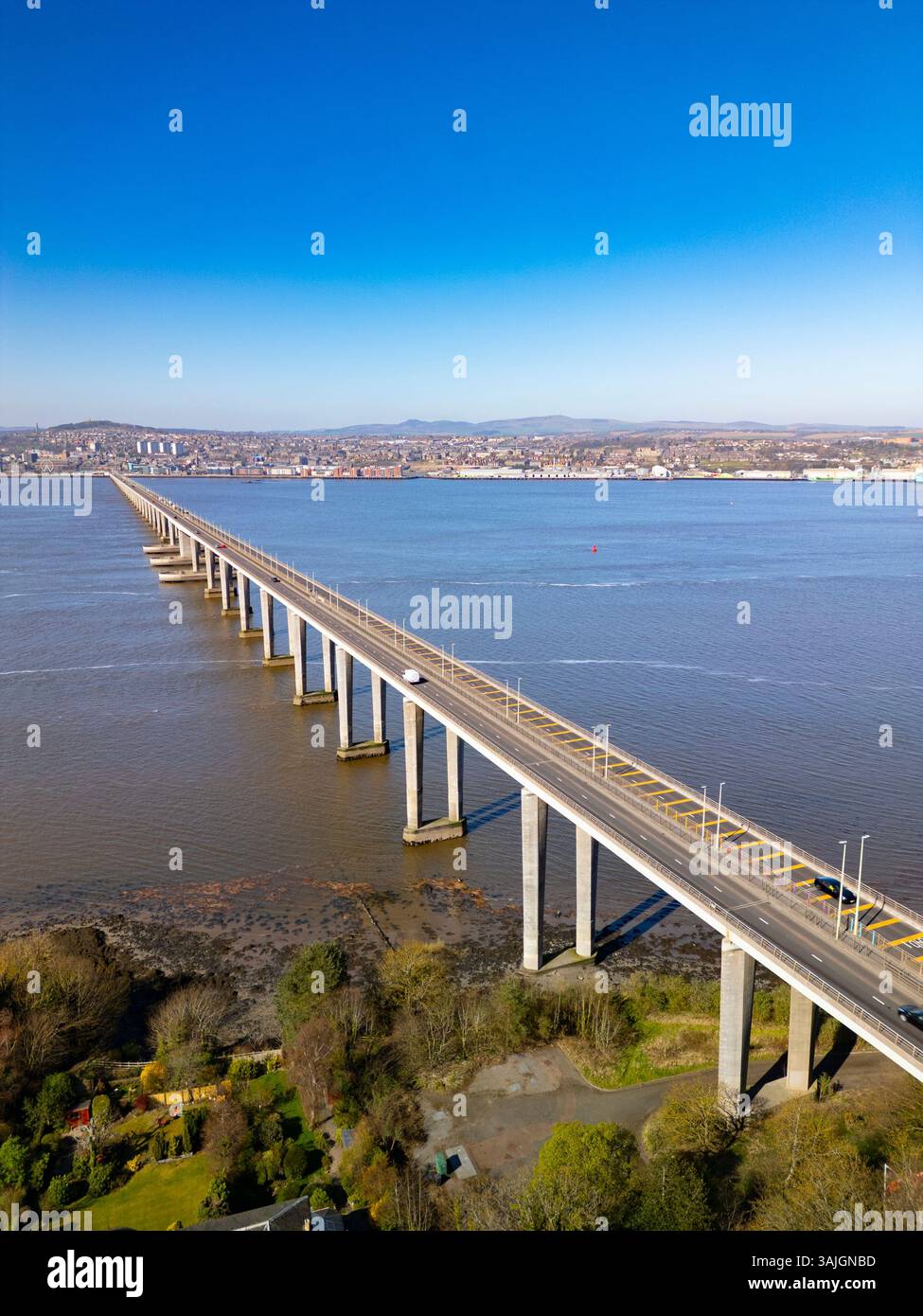 Aerial view from drone of the Tay Road bridge from Newport-on-Tay ...