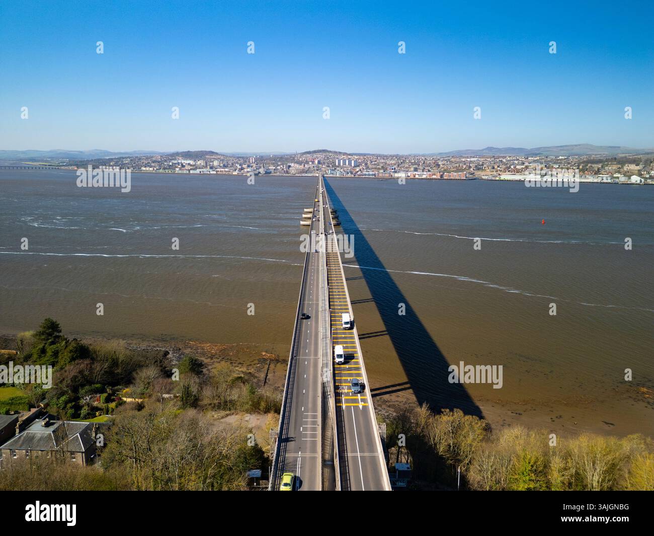 Aerial view from drone of the Tay Road bridge towards Dundee, Tayside ...