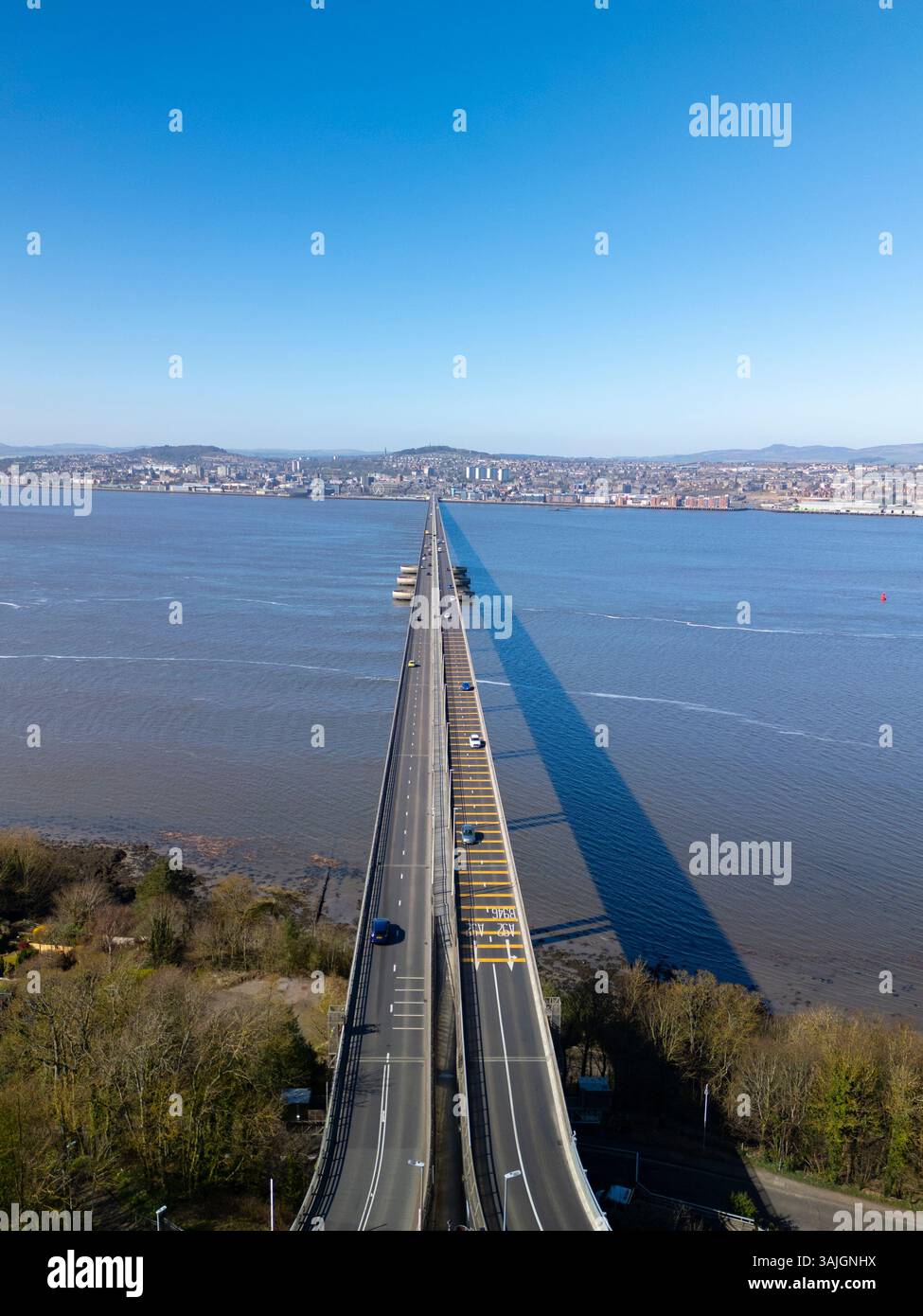Aerial view from drone of the Tay Road bridge towards Dundee, Tayside ...
