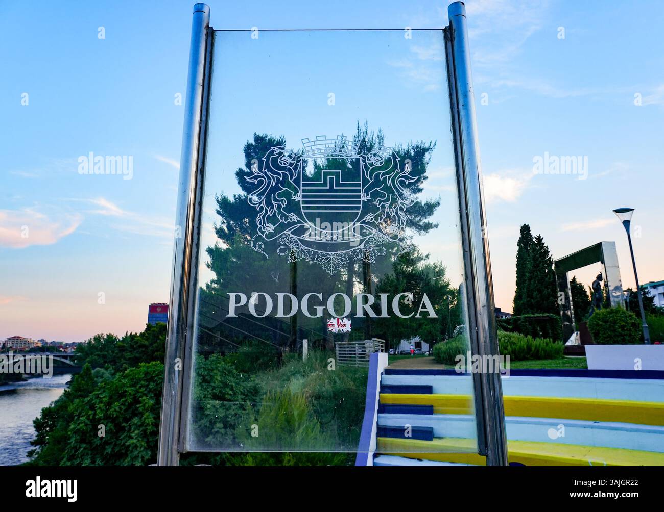 Glass sign with the coat of arms of Podgorica, the capital city of ...