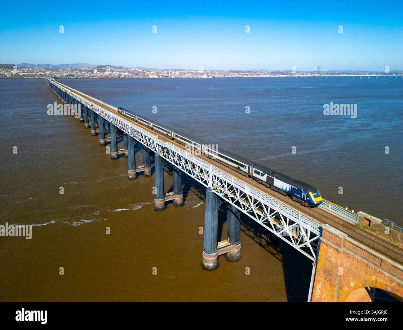 Aerial view from drone of the Tay Rail Bridge from Wormit, Fife ...